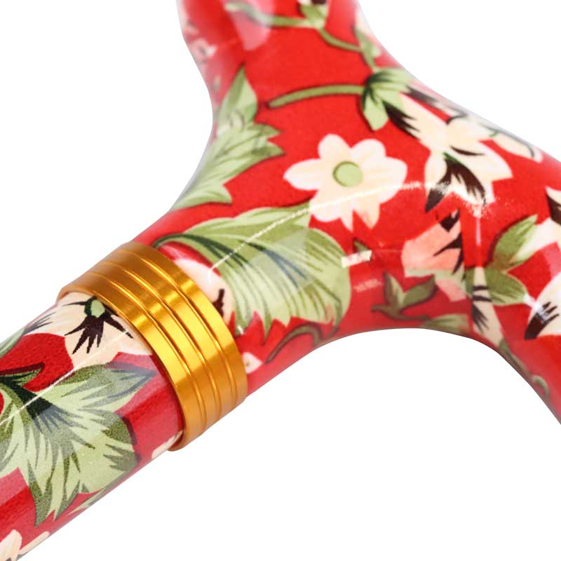 Adjustable Red Floral Walking Stick - WalkingSticks.co.uk
