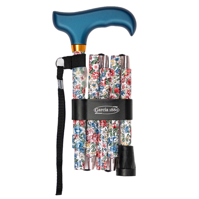 Mini Folding Blue Floral Walking Stick - WalkingSticks.co.uk